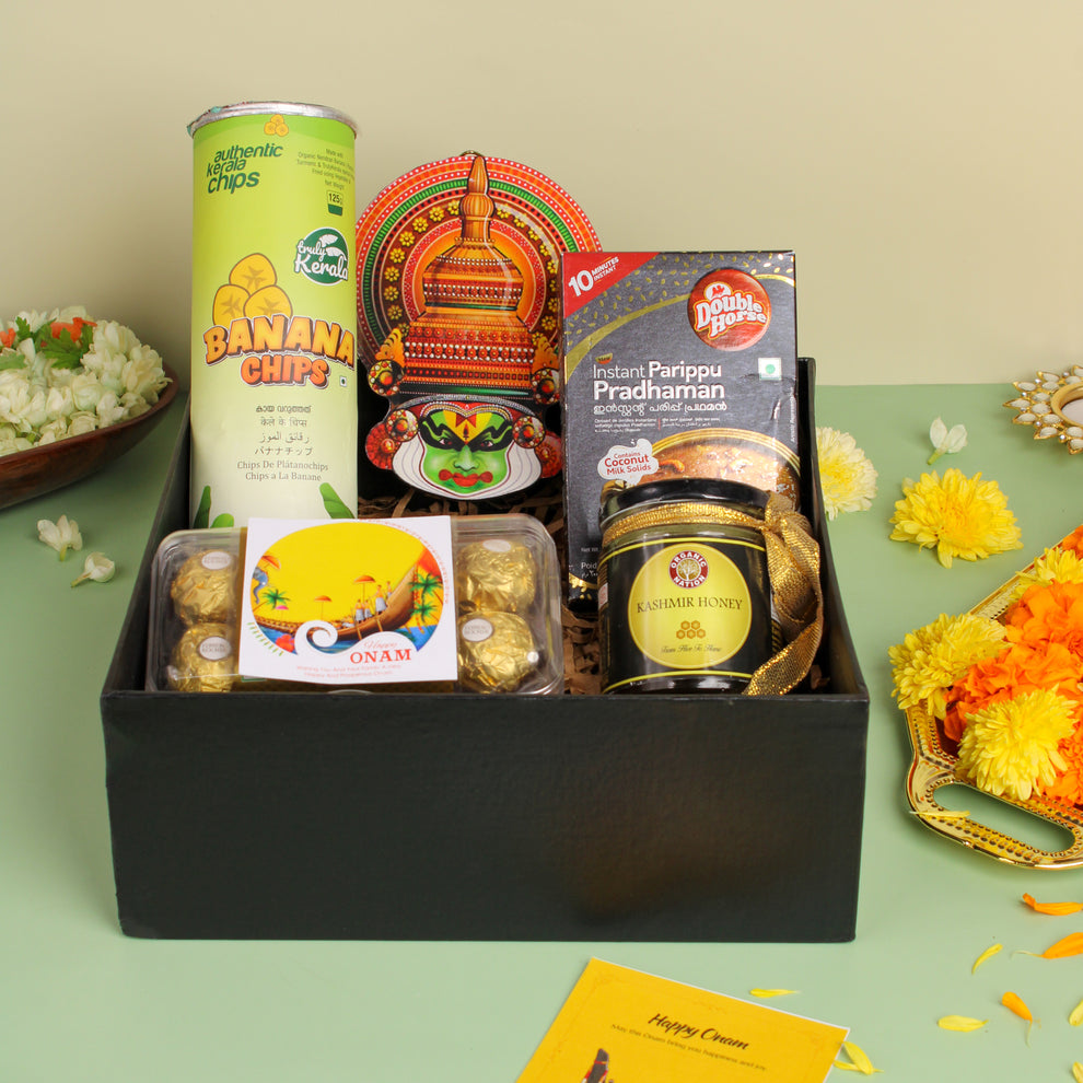 Kathakali Kerala Onam Gift Hamper – Onam Hamper with Chocolates, Banana ...